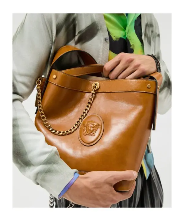 Versace Pivot Small Bucket Shoulder Bag - Brown
