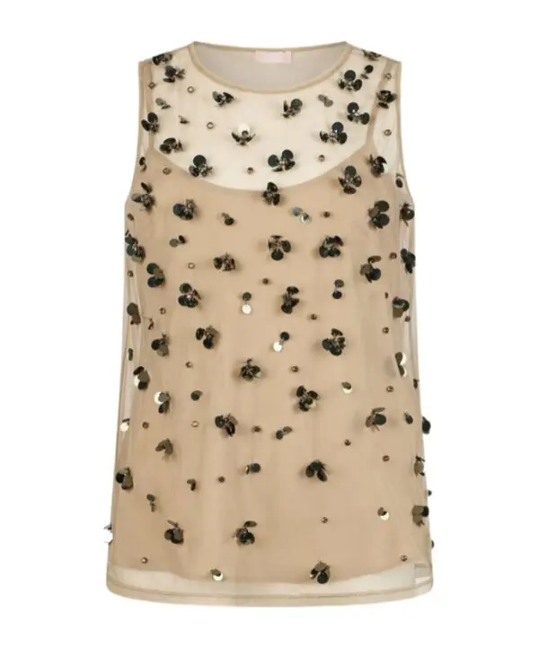 Liu Jo Floral Sequin Tulle Top With Jersey Camisole - Beige