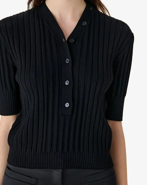 IRO PARIS Lunea Ribbed Knit 3/4 Sleeve Button Detail Sweater - Black