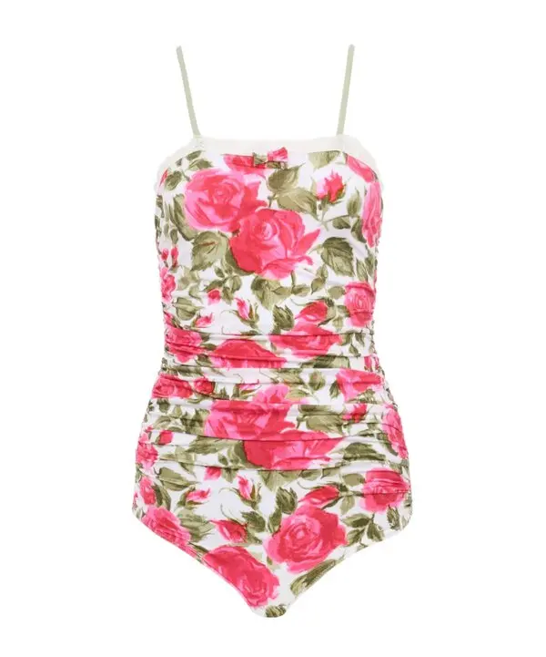 Chloé Ruched Rose-printed Bodysuit - White/pink