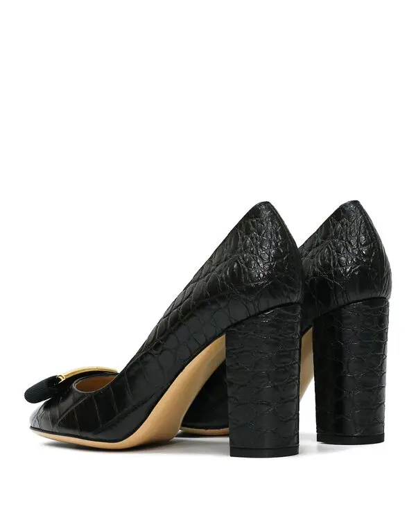 FERRAGAMO Embossed Leather High Heel Pumps With Bow Detailing - Black