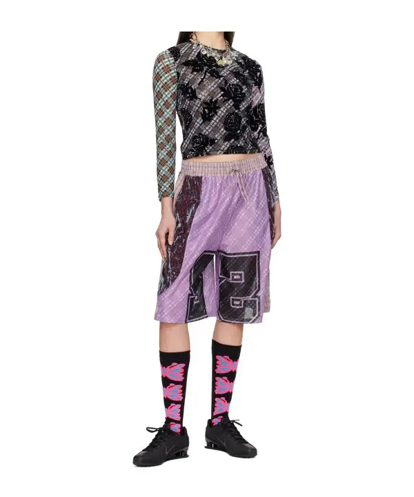 CHOPOVA LOWENA Long-sleeve Mesh Top With Plaid And Floral Print - Black