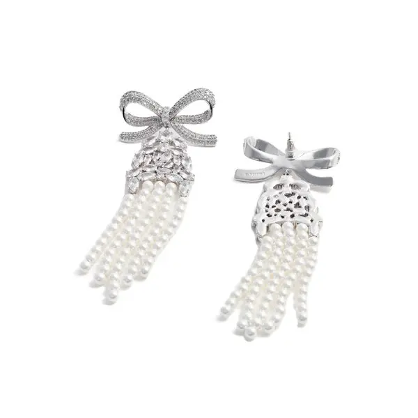SELF-PORTRAIT Embellished Bow Drop Earrings With Faux Pearl Tassel