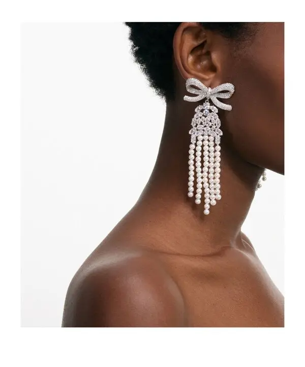 SELF-PORTRAIT Embellished Bow Drop Earrings With Faux Pearl Tassel