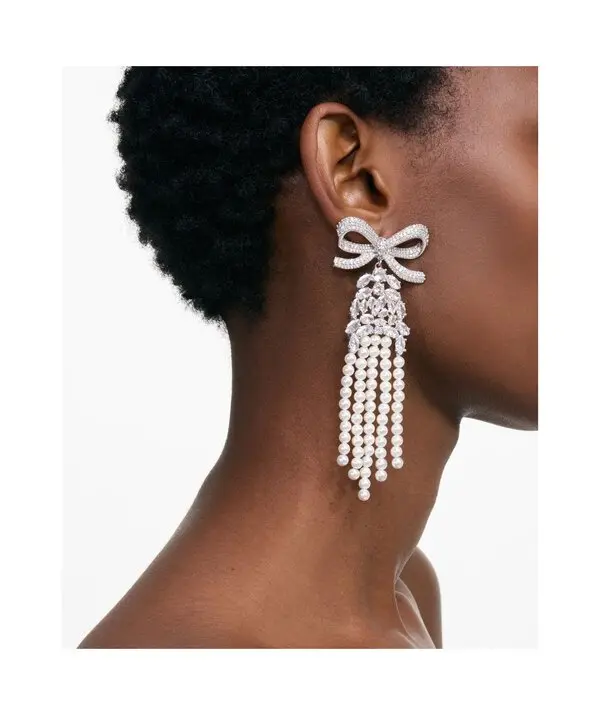 SELF-PORTRAIT Embellished Bow Drop Earrings With Faux Pearl Tassel
