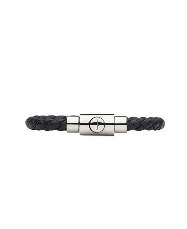 FERRAGAMO Braided Leather Bracelet With Silver Hardware - Black
