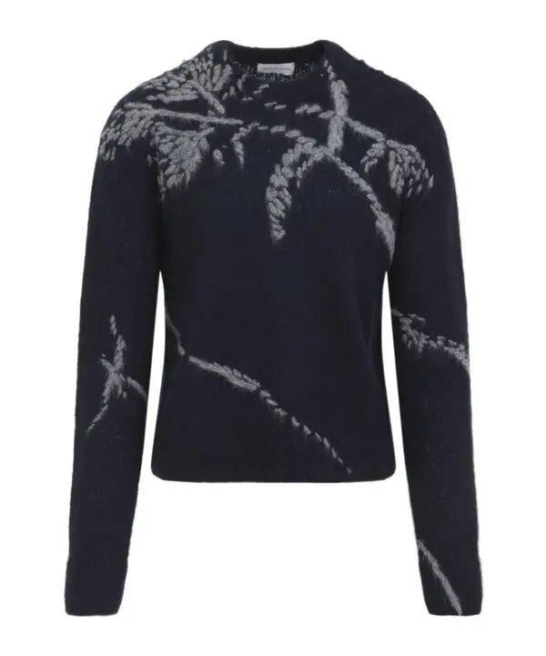 Dries Van Noten Long-sleeved Crewneck Jumper With Leaf Print - Navy