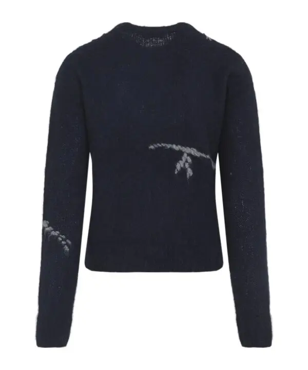 Dries Van Noten Long-sleeved Crewneck Jumper With Leaf Print - Navy