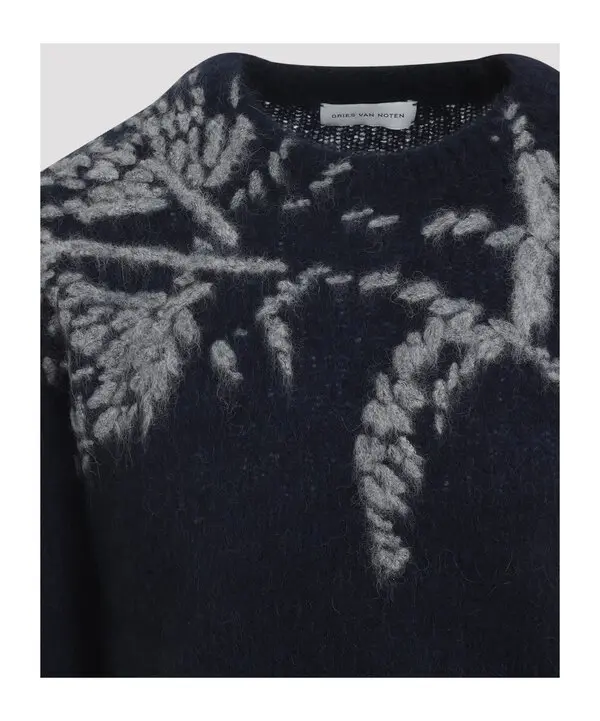 Dries Van Noten Long-sleeved Crewneck Jumper With Leaf Print - Navy