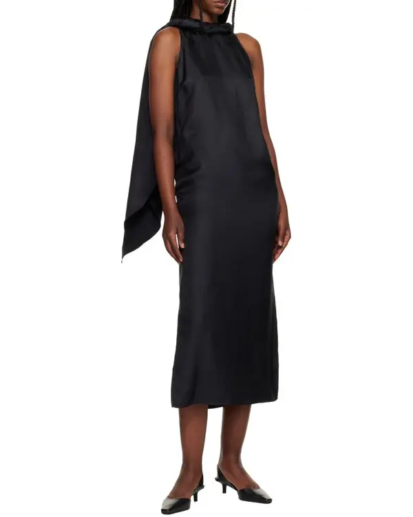Loulou De Saison Susan Draped Neck Silk Twill Midi Dress - Black