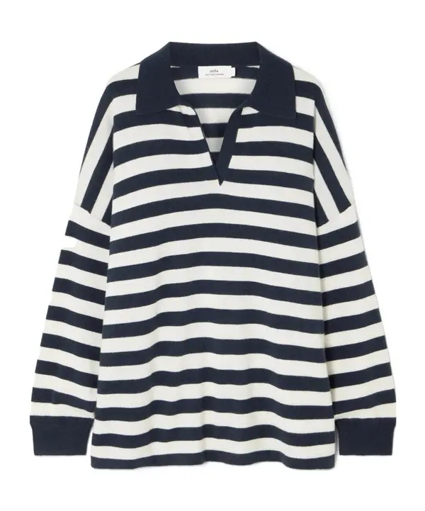 Arch4 Oversized Striped Cashmere Polo Sweater - Black
