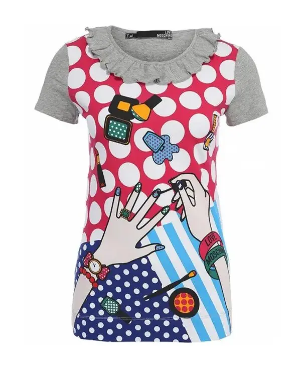 Moschino Printed T-shirt With Ruffle Neckline - Multicolor