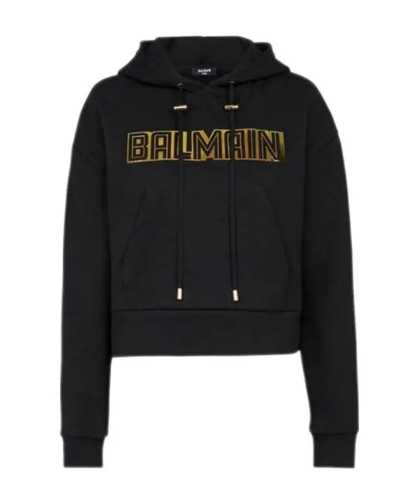 Balmain Cropped Cotton Sweatshirt With Gold Logo