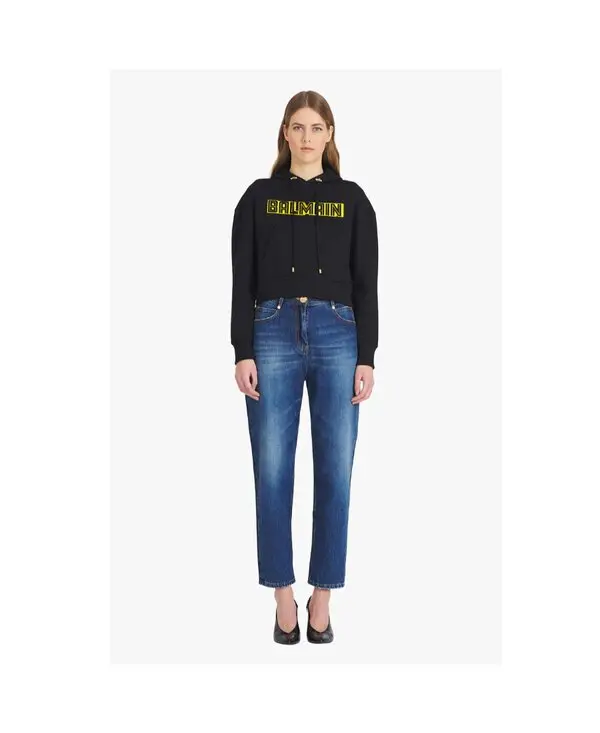 Balmain Cropped Cotton Sweatshirt With Gold Logo