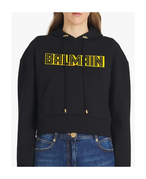 Balmain Cropped Cotton Sweatshirt With Gold Logo