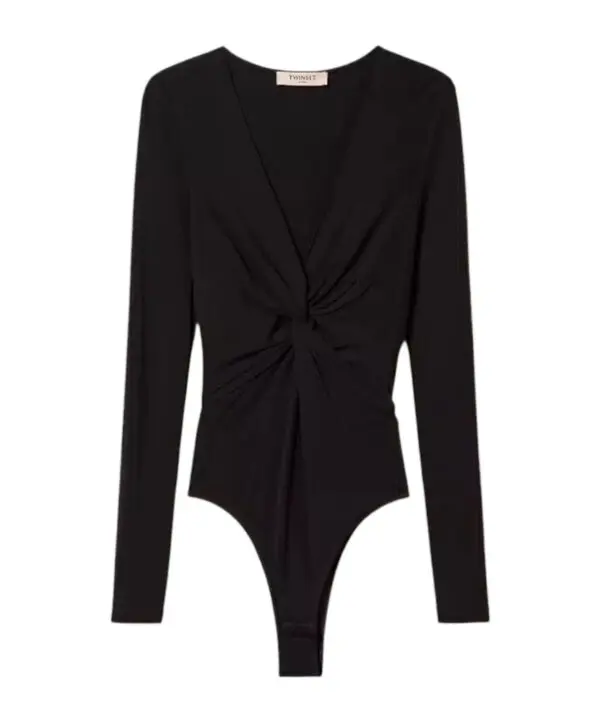 TWINSET Long Sleeve V-neck Gathered Bodysuit - Black