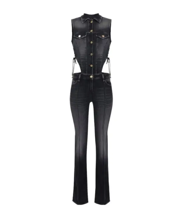 Elisabetta Franchi Stretch Cotton Cut-out Denim Jumpsuit - Used Black