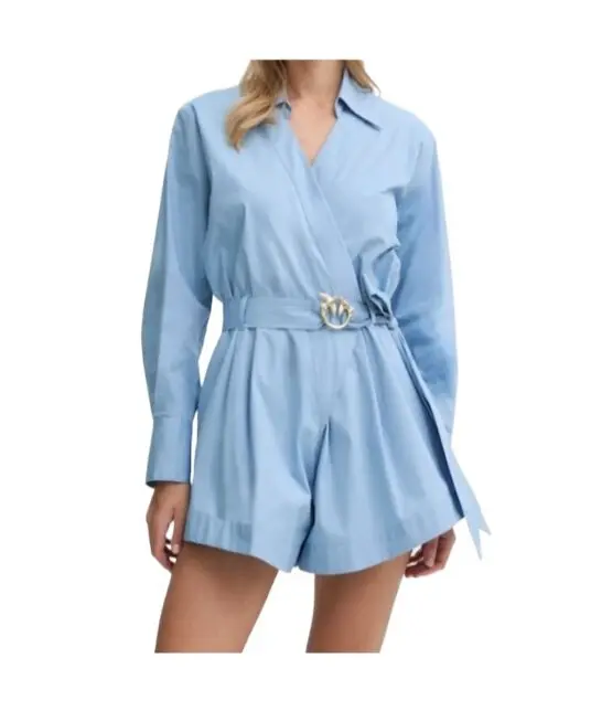 Pinko Belted Playsuit With Lapel Collar And V-neck - Light Blue