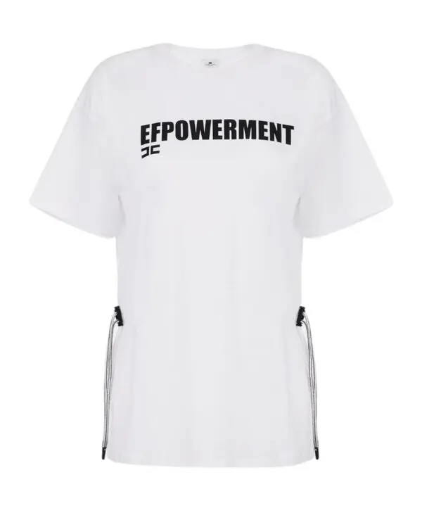 Elisabetta Franchi Round Neck T-shirt With Embellished Drawstring - White