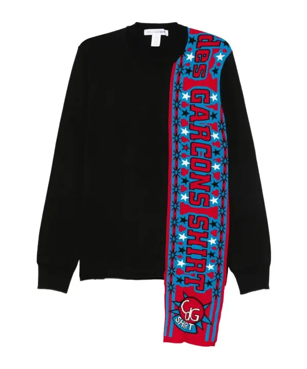 Comme Des Garçons Long Sleeve Crew Neck Sweater With Printed Scarf Detail - Black