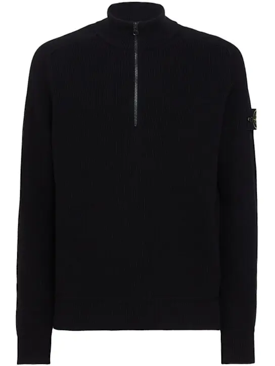 Stone Island Logo Cotton Half-zip Knit Sweater - Black