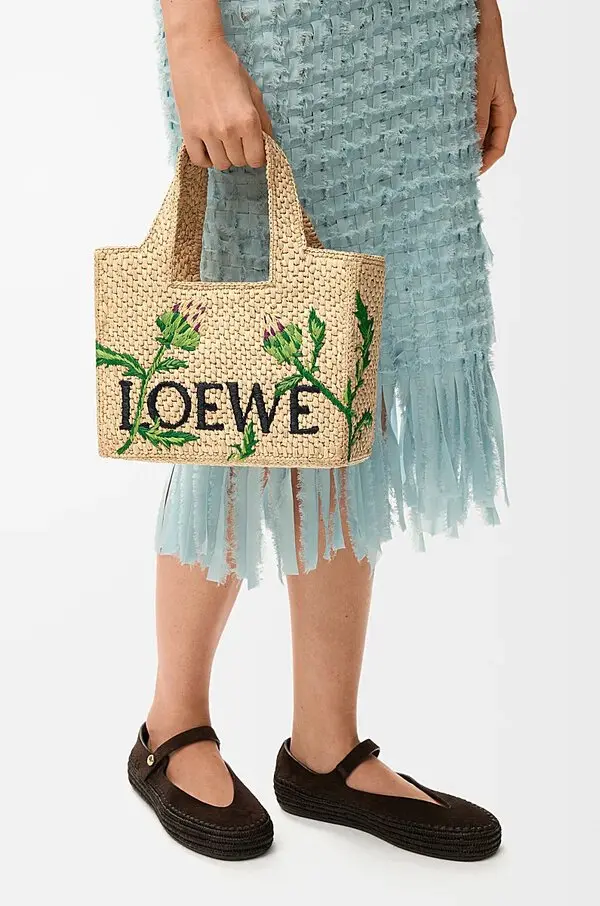 Loewe Woven Top Handle Bag With Embroidered Detail - Nude