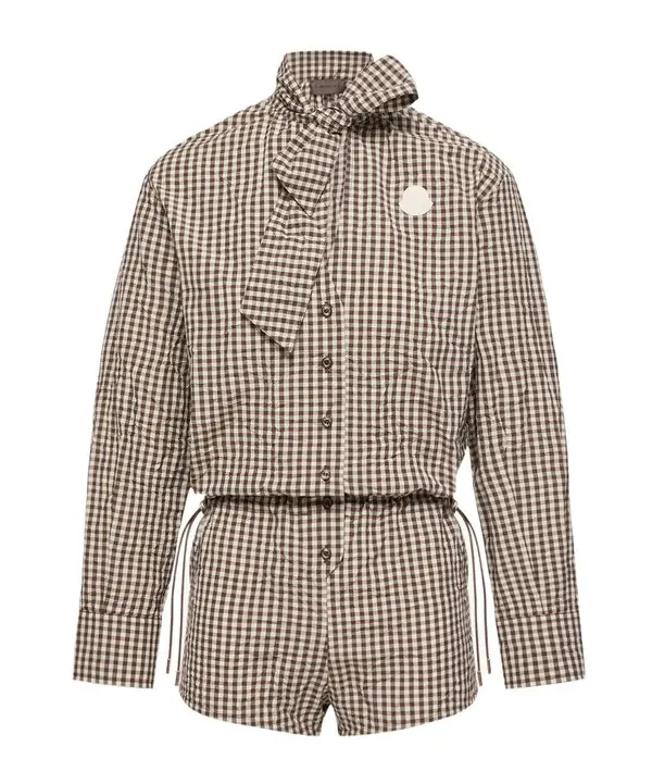 Moncler Gingham Checks Romper With Self-tied Bow - White/brown
