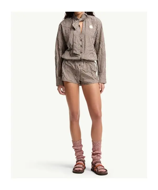 Moncler Gingham Checks Romper With Self-tied Bow - White/brown