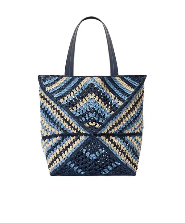 Loewe Xl Puzzle Fold Tote In Raffia - Blue