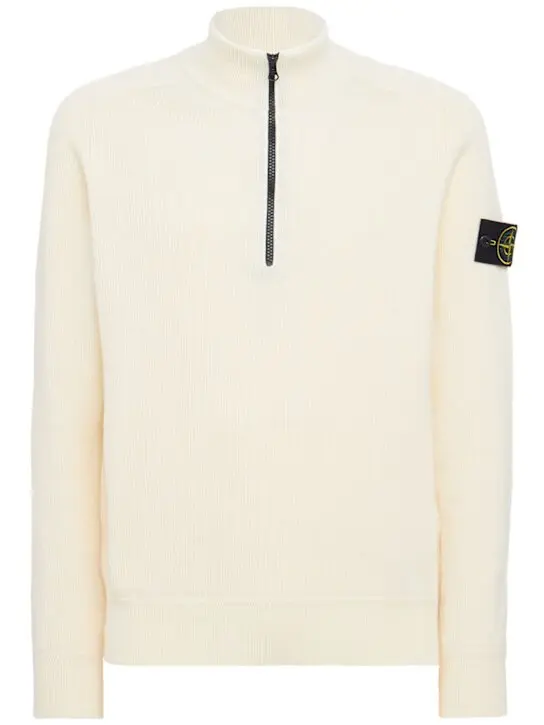 Stone Island Logo Cotton Half-zip Knit Sweater - White