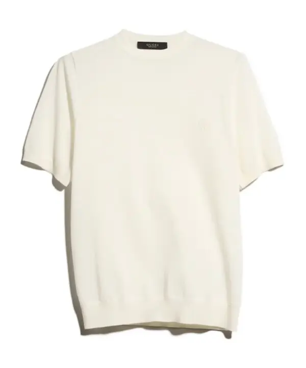 Gucci Fine Knit Crewneck Top With Embroidered Crest - White