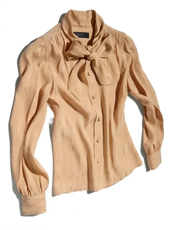 Gucci Interlocking G Chain Silk Jacquard Shirt With Self-tie Bow - Beige