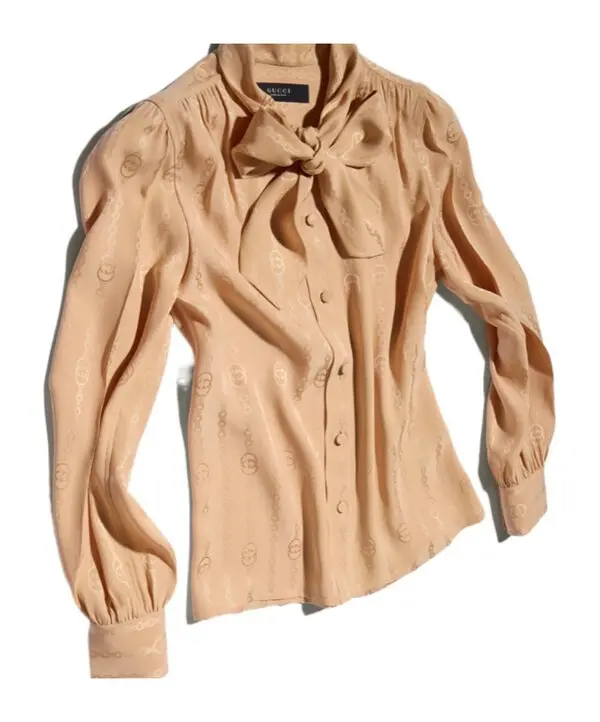 Gucci Interlocking G Chain Silk Jacquard Shirt With Self-tie Bow - Beige