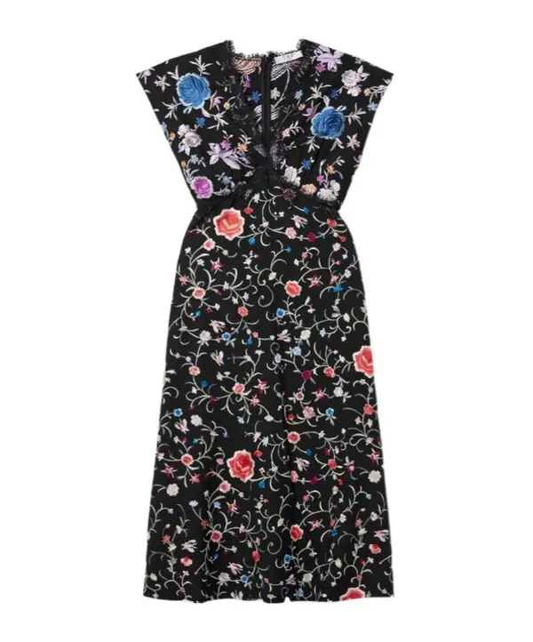 Sea Embroidered Crepe Midi Dress - Black