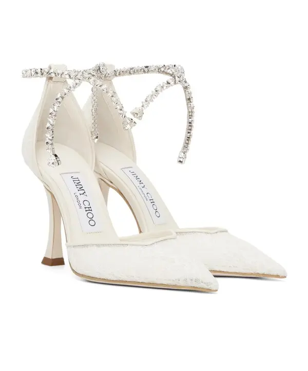 JIMMY CHOO Stevie 100 Pointed Toe Stiletto Heels With Chain Ankle Strap - Ivory White