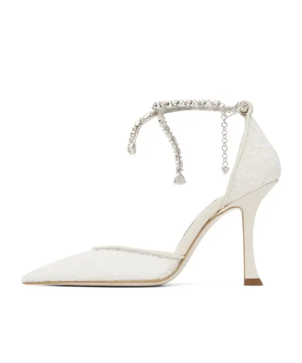 JIMMY CHOO Stevie 100 Pointed Toe Stiletto Heels With Chain Ankle Strap - Ivory White