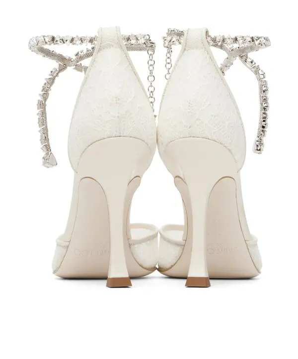 JIMMY CHOO Stevie 100 Pointed Toe Stiletto Heels With Chain Ankle Strap - Ivory White