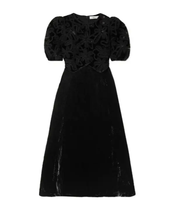 Sea Embroidered Lace-trimmed Midi Dress - Black