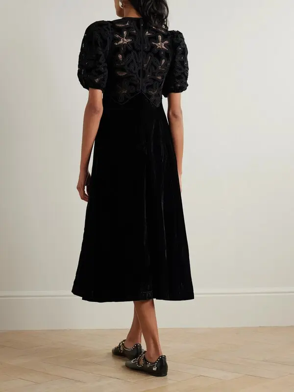 Sea Embroidered Lace-trimmed Puff Sleeve Midi Dress