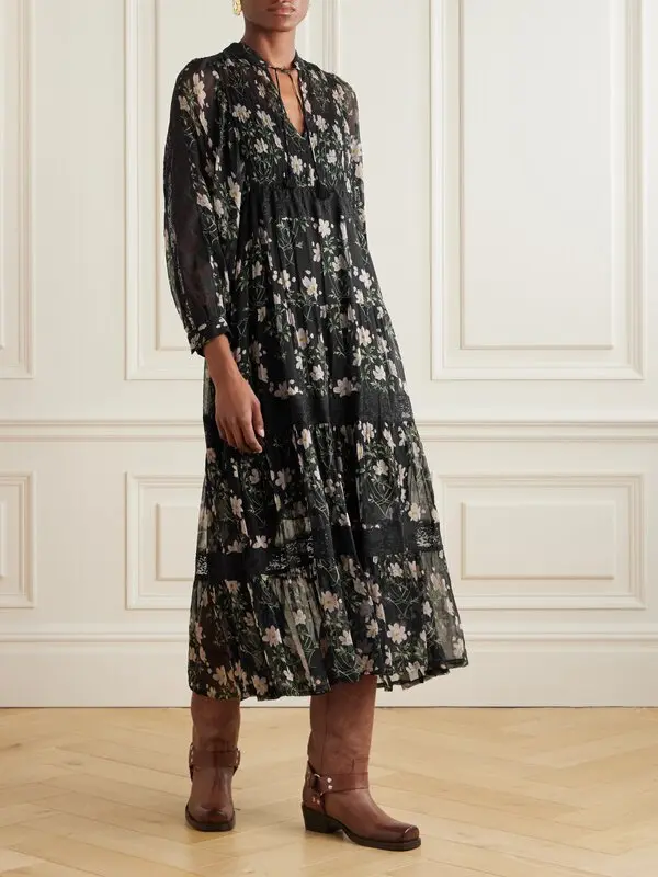 Sea Mid-length Floral Lace-trimmed Dress