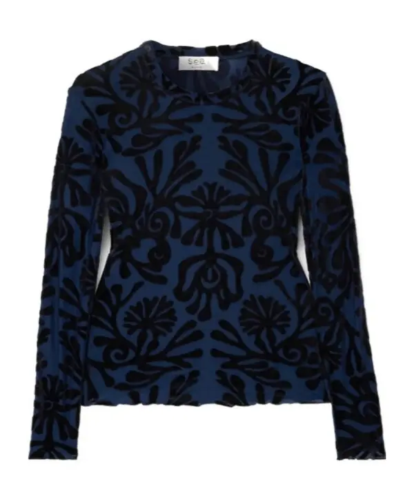 Sea Velvet Top With Abstract Floral Pattern