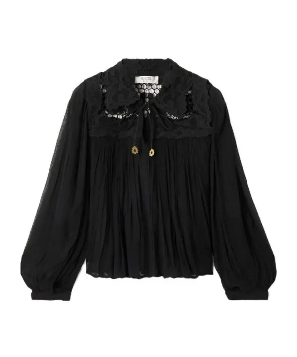 Sea Lace-trimmed Crinkled Crepon Blouse