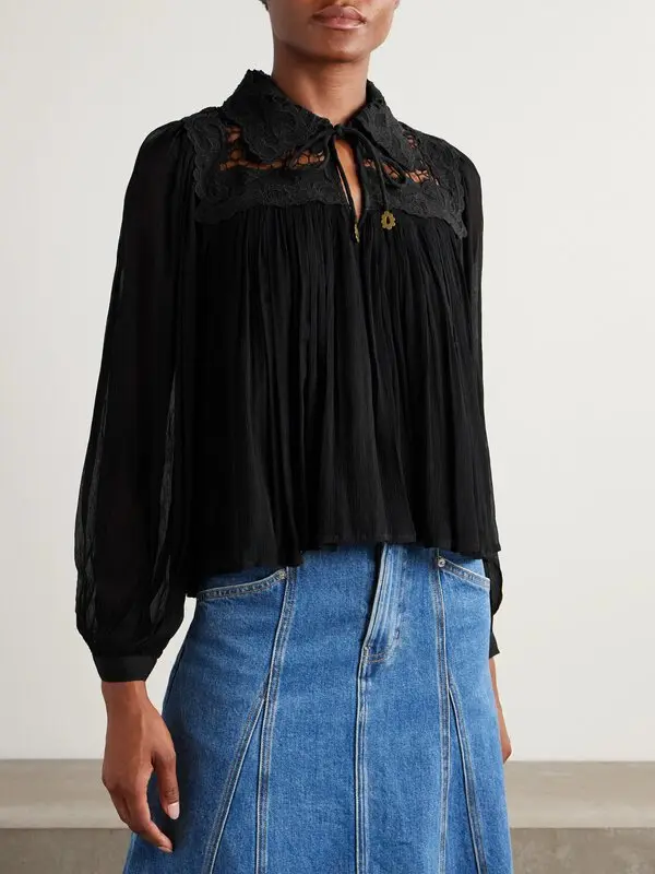 Sea Lace-trimmed Crinkled Crepon Blouse