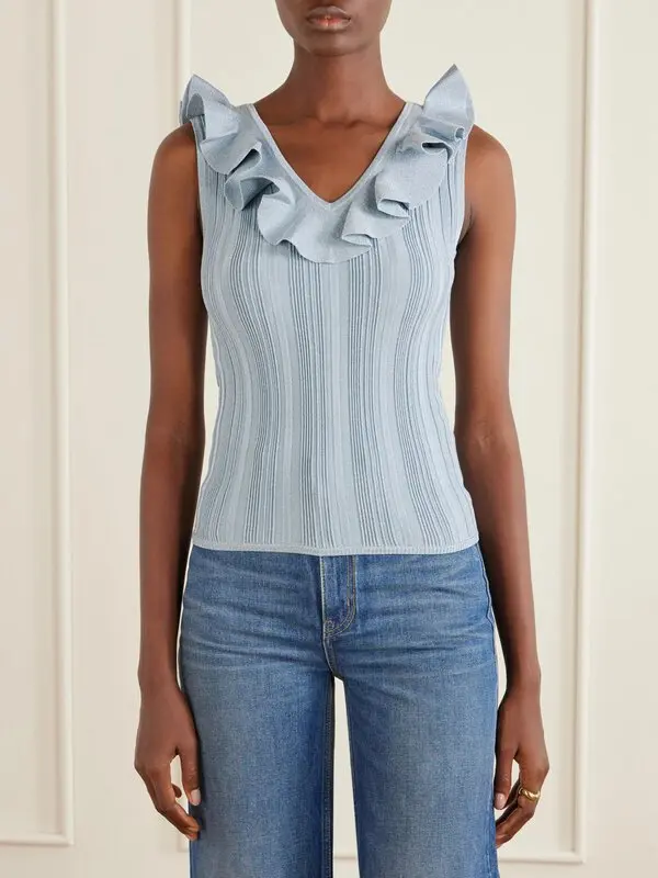 Zimmermann Aster Metallic Ruffled V-neck Top - Blue