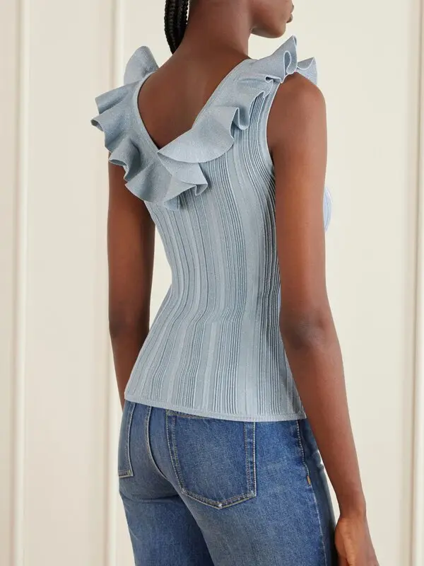 Zimmermann Aster Metallic Ruffled V-neck Top - Blue