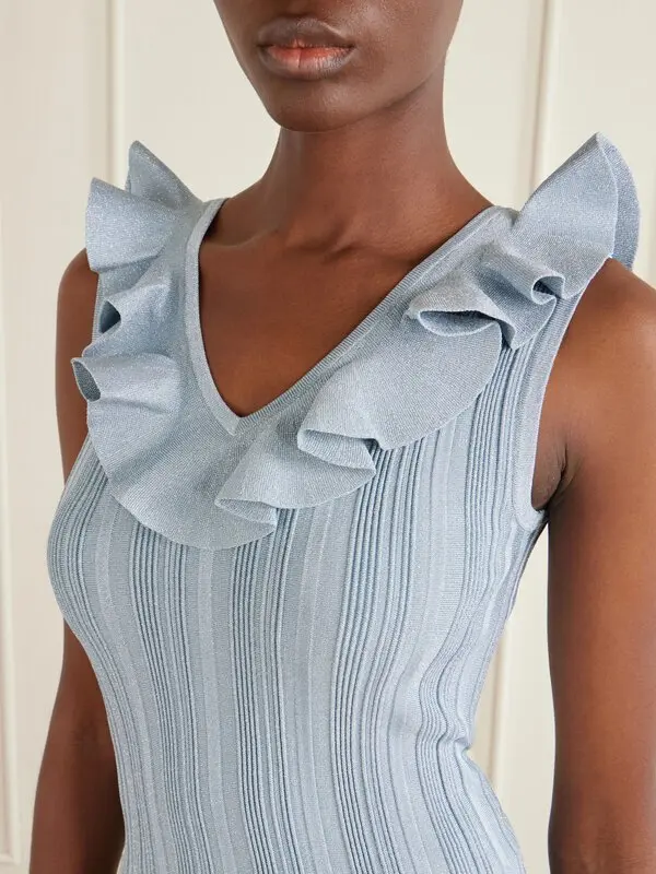Zimmermann Aster Metallic Ruffled V-neck Top - Blue