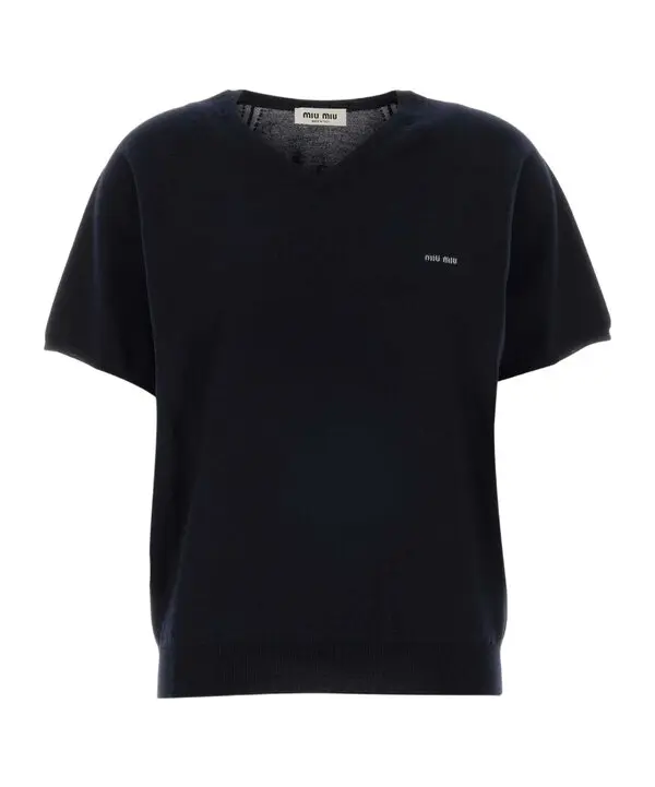 Miu Miu V-neck Short Sleeve Knitted Jumper - Black