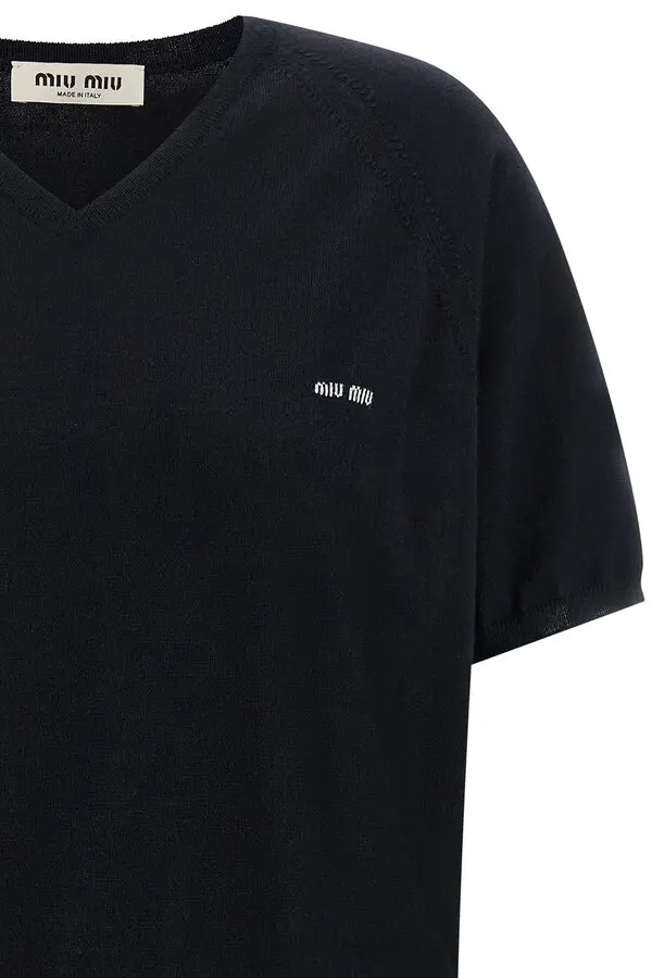 Miu Miu V-neck Short Sleeve Knitted Jumper - Black