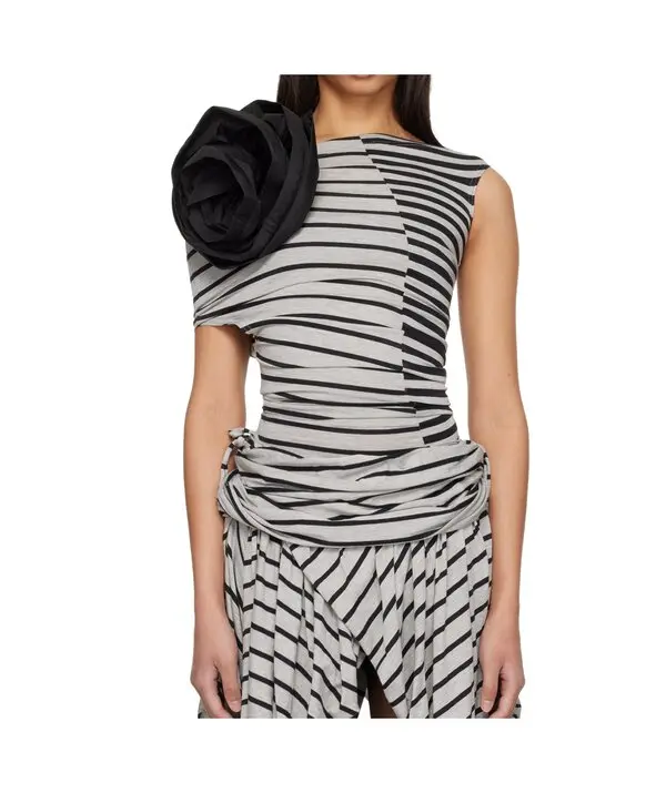 Vaquera Striped Draped Floral Appliqué Top - Gray
