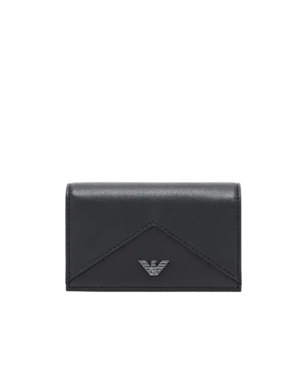 Emporio Armani Nappa Leather Card Holder With Flap With Geometric Detail - Black